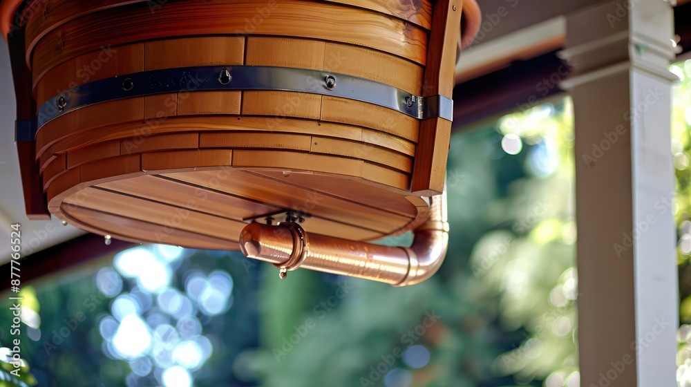 Craftsman-style rain barrel with wooden slats and a copper spout ...