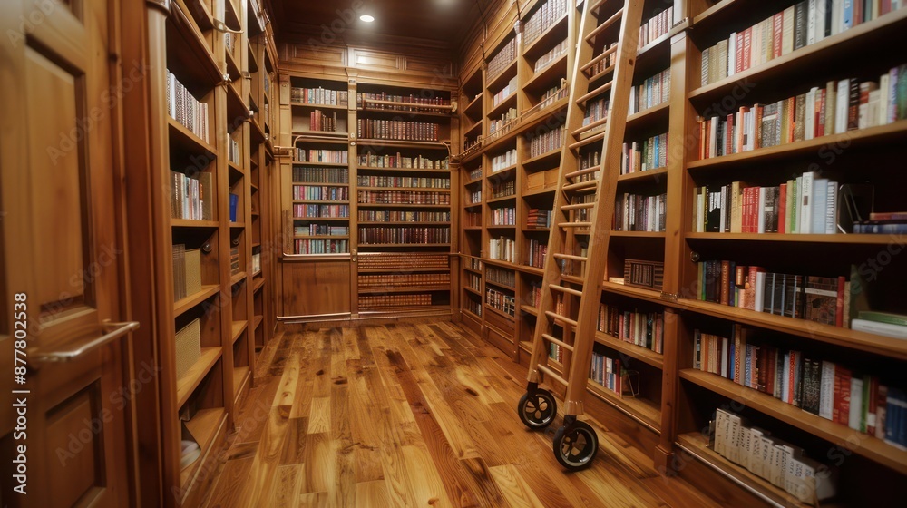 Craftsman home library with floor-to-ceiling wooden bookshelves and a ...
