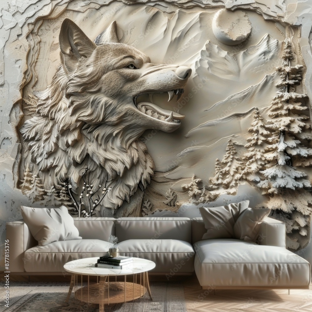 Abstract ethereal canine relief: A majestic 3D wolf mural illustration ...