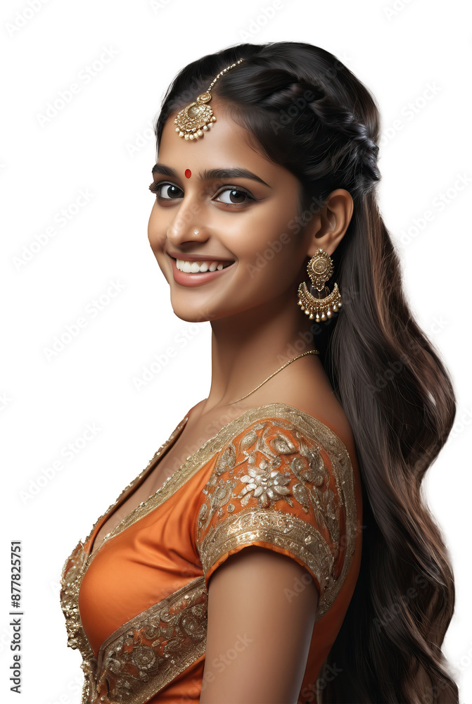 Side view of smiling indian woman with long wavy black hair wearing ...