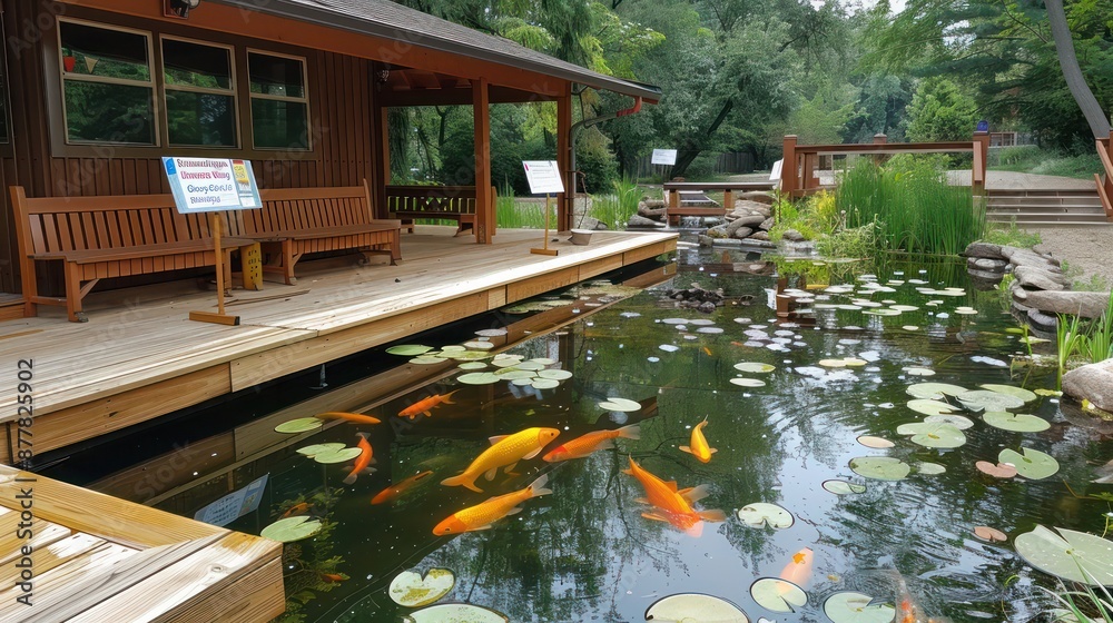 wooden Craftsman-style community fish pond, designed with seating and ...