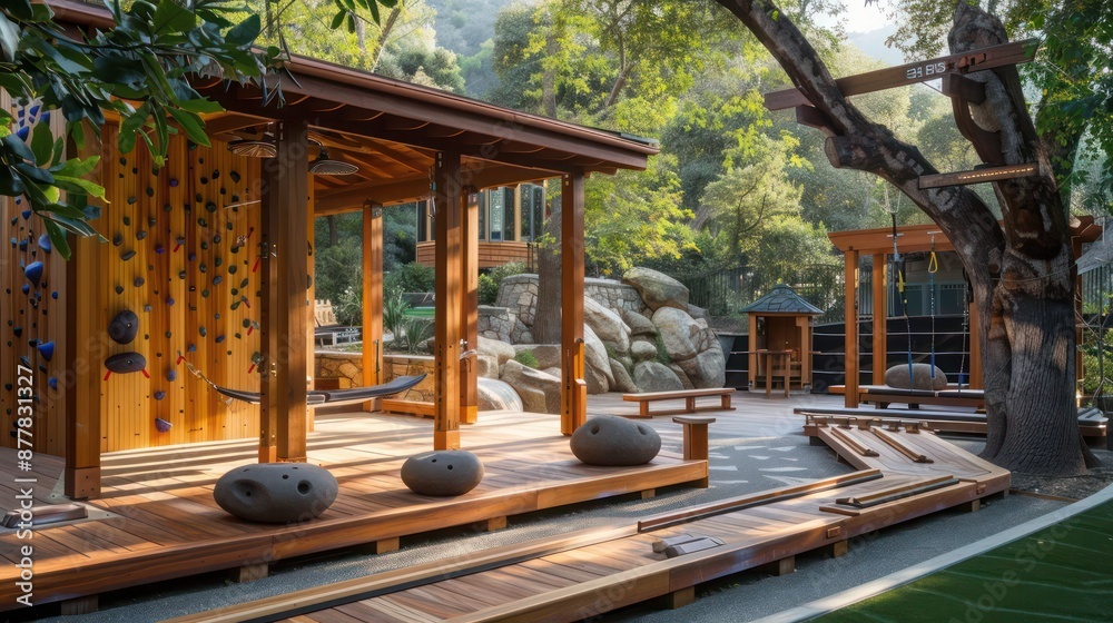 wooden Craftsman-style outdoor gym, complete with a climbing wall ...