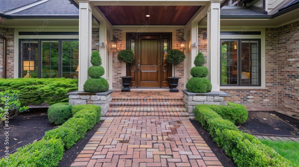 Suburban ranch with a detailed brick walkway leading to a classic wood ...