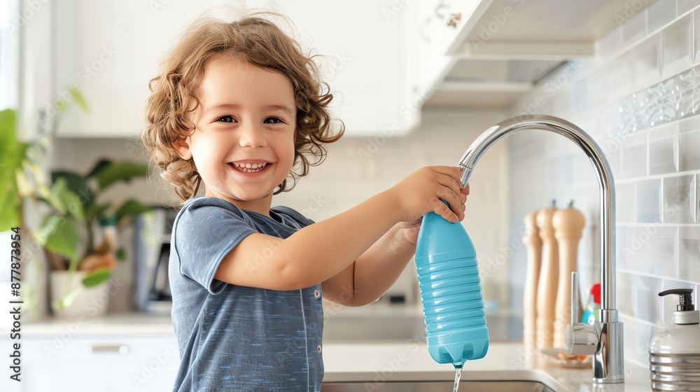Smiling child filling a reusable water bottle from a kitchen faucet ...