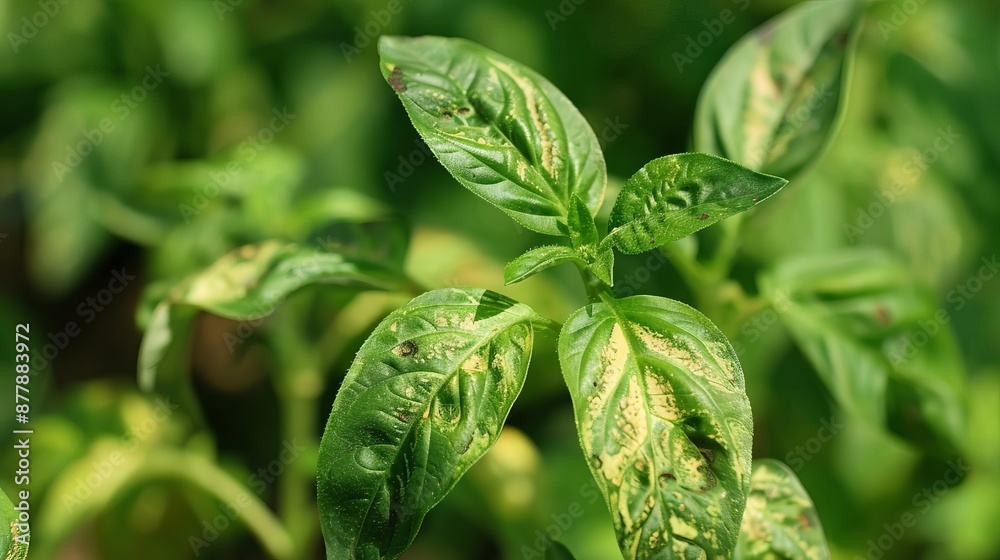 Basil affected by powdery mildew, a common fungal disease, shows white ...