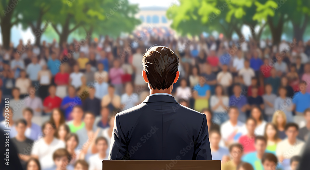 Rear View Portrait of a Male or man politician giving speech at podium ...