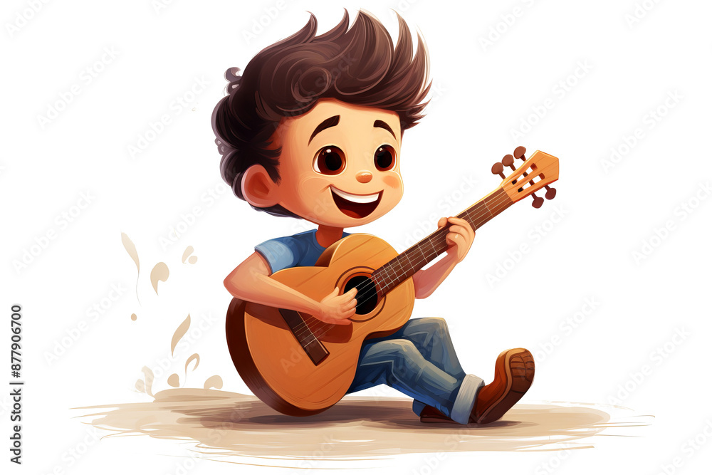 Joyful boy playing guitar in PNG style with transparent background ...