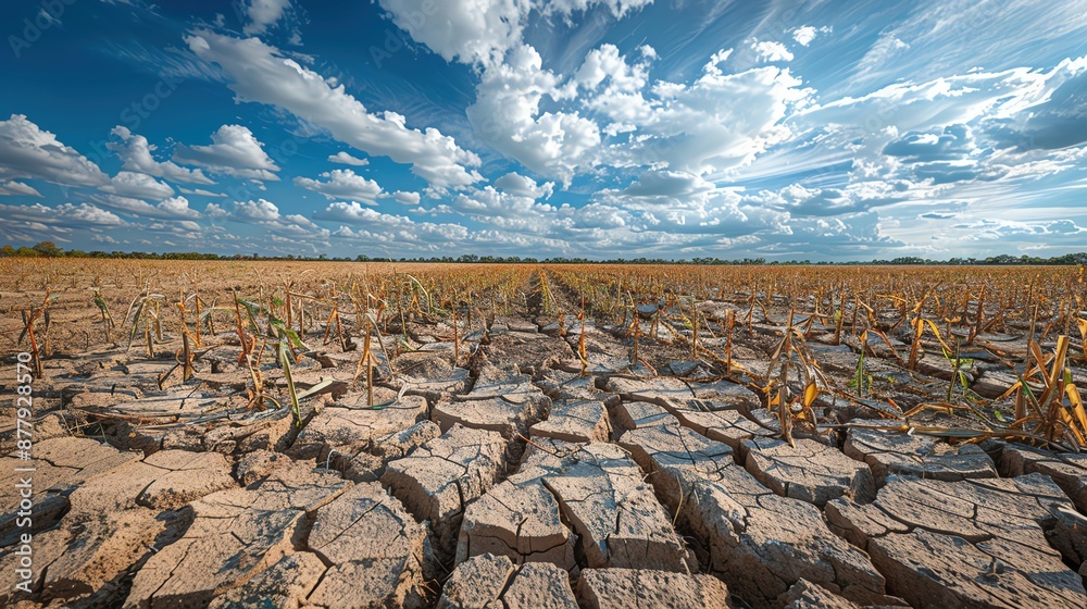 Parched Plains A panoramic view of cracked earth and withered crops in ...