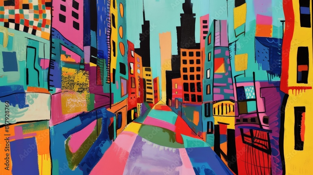 An abstract representation of a cityscape, with distorted buildings and ...