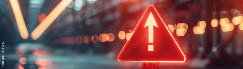 Red warning sign with exclamation mark and arrow in a futuristic ...