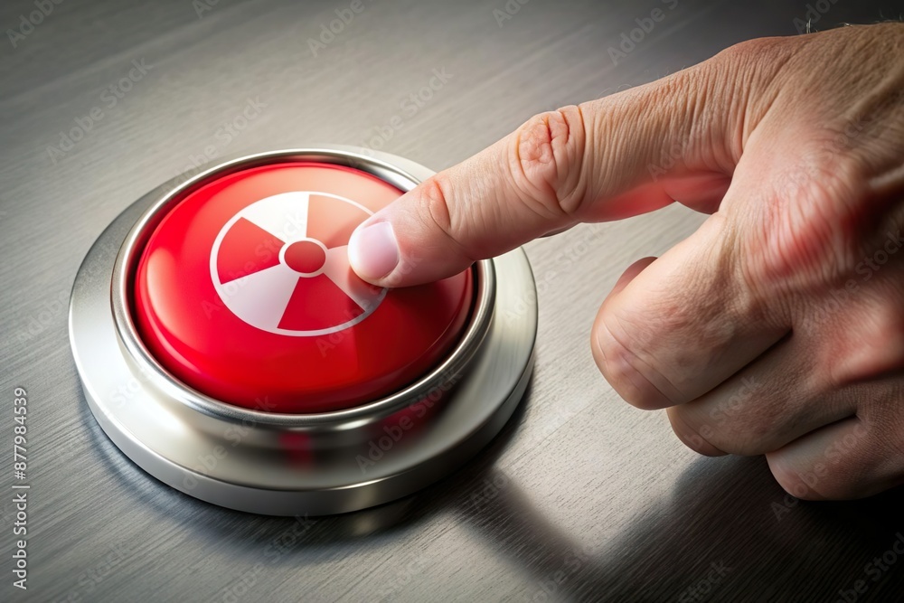 hand press button with nuclear symbol. Nuclear war risk Stock Photo ...