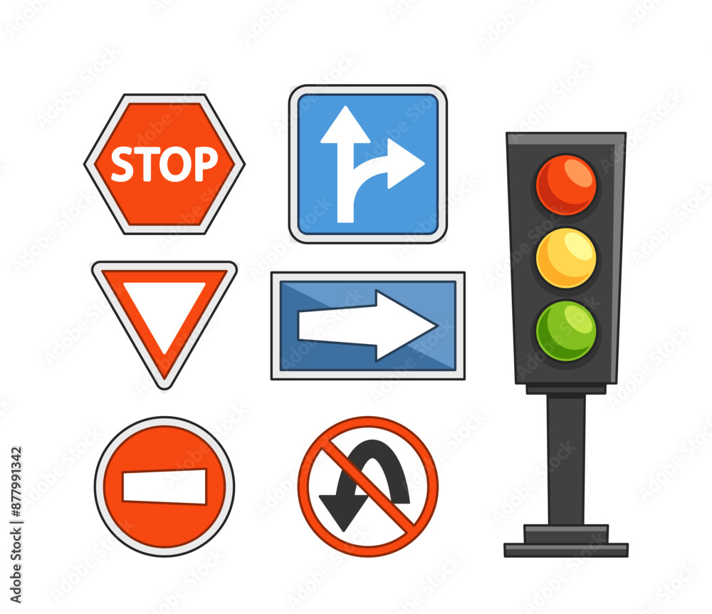 Collection Of Cartoon-style Traffic Signs, Including Stop Sign, Yield ...
