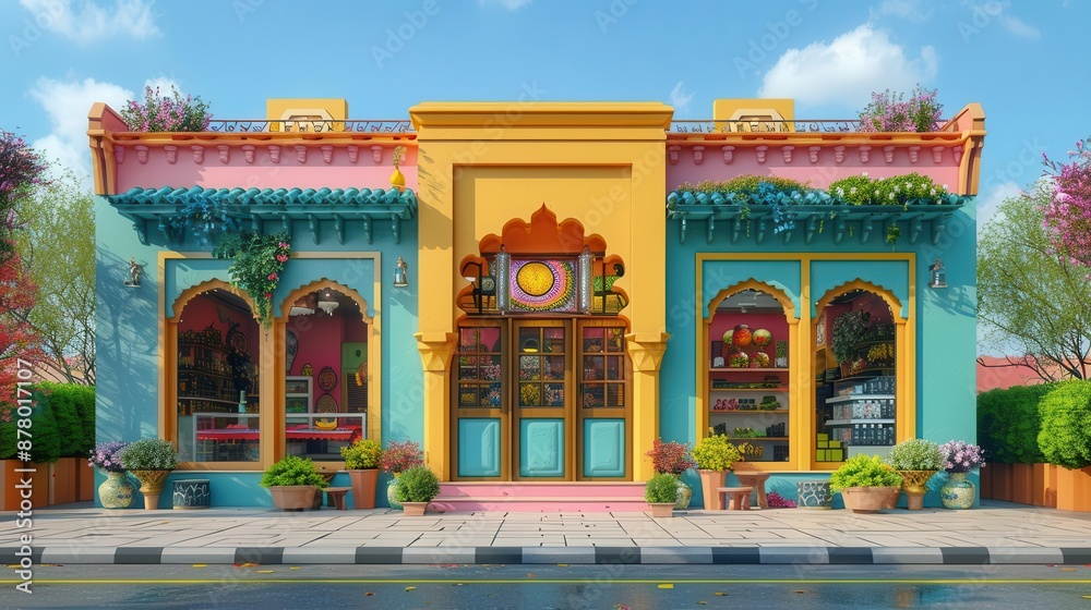Bright storefront entrance flat design front view, cheerful bazaar ...