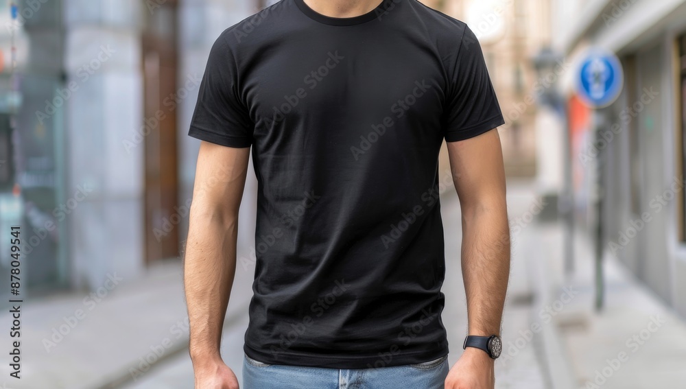 Black tshirt mockup, blank black gildan shirt on attractive fit man ...