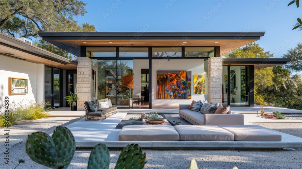 Modern ranch with an outdoor art gallery featuring local artists' work ...