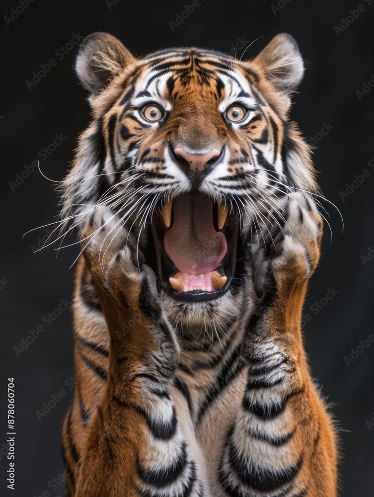 A very surprised and shocked tiger with its mouth open and paws ...