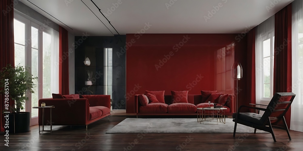Modern red interior design with free space for copy on walls, white ...