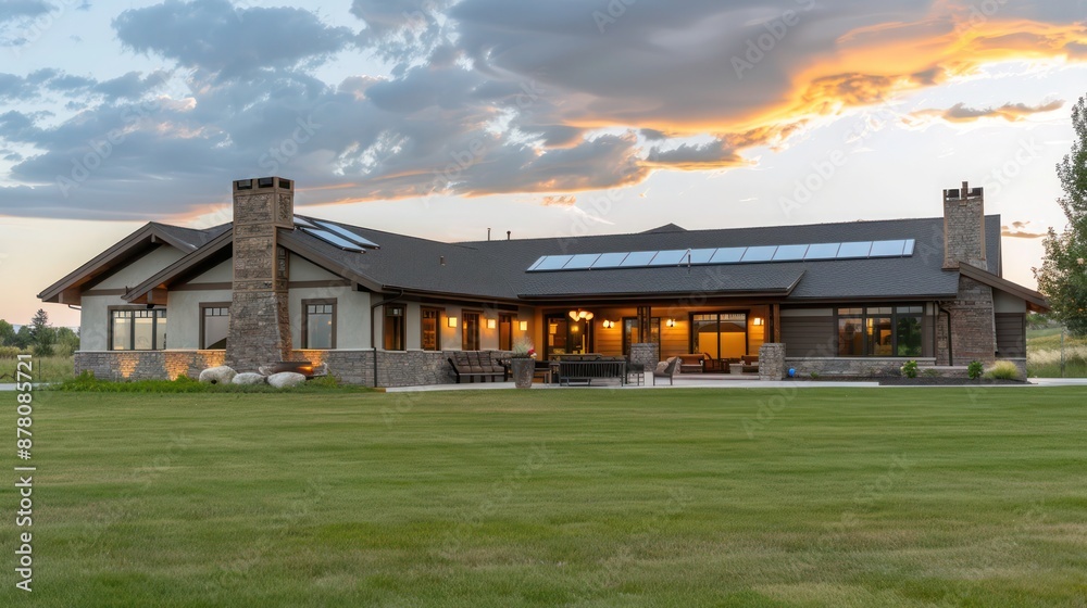 Ranch home with a traditional gabled roof and a series of skylights to ...