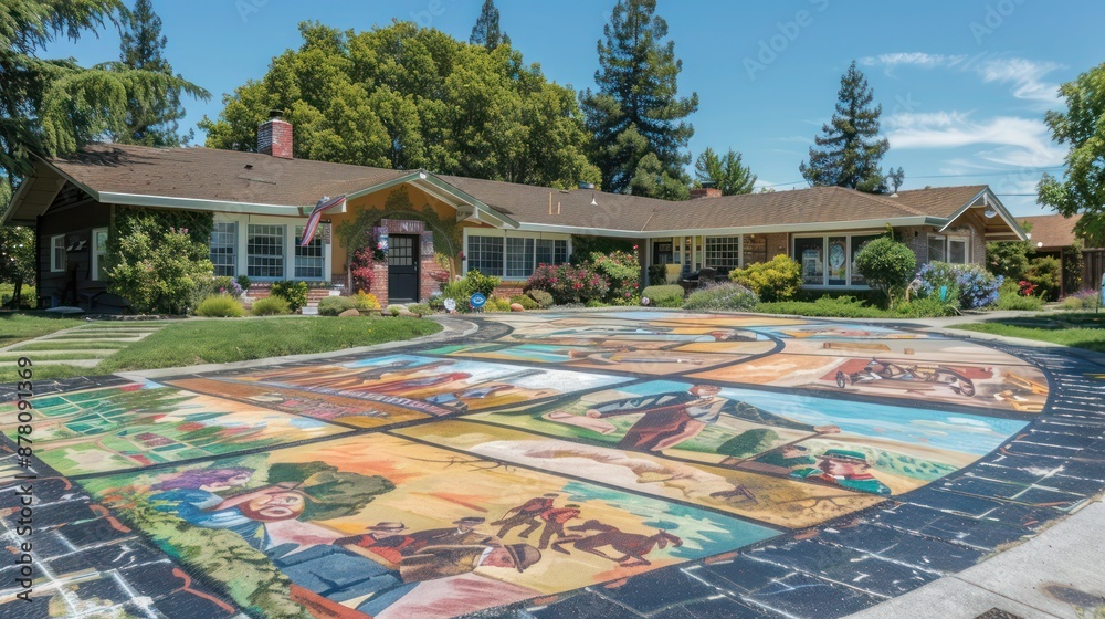 Suburban ranch with a front yard that features a large, hand-painted ...