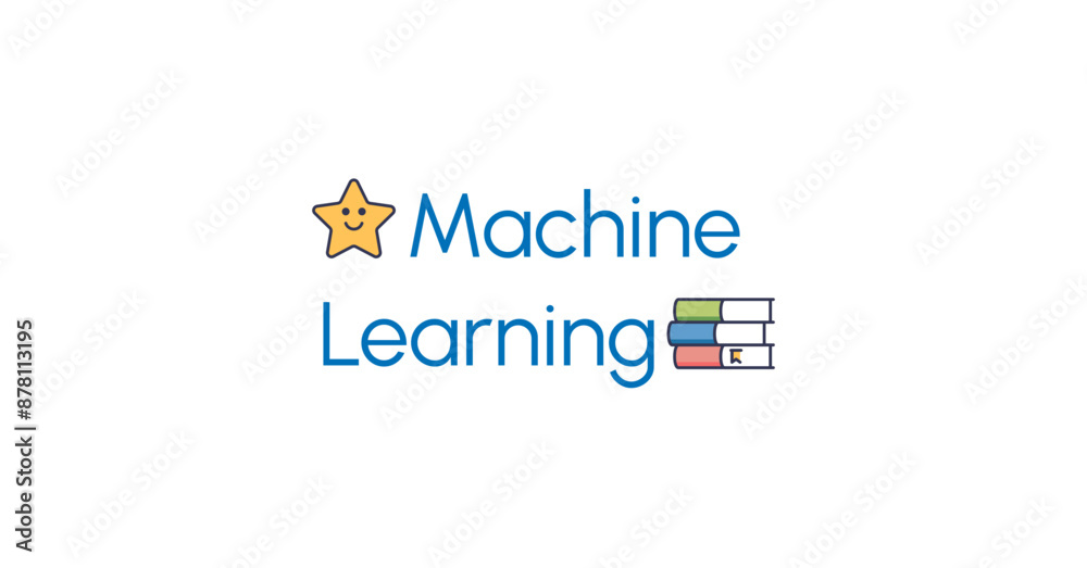 Machine Learning text with a star emoji and stack of books on a beige ...