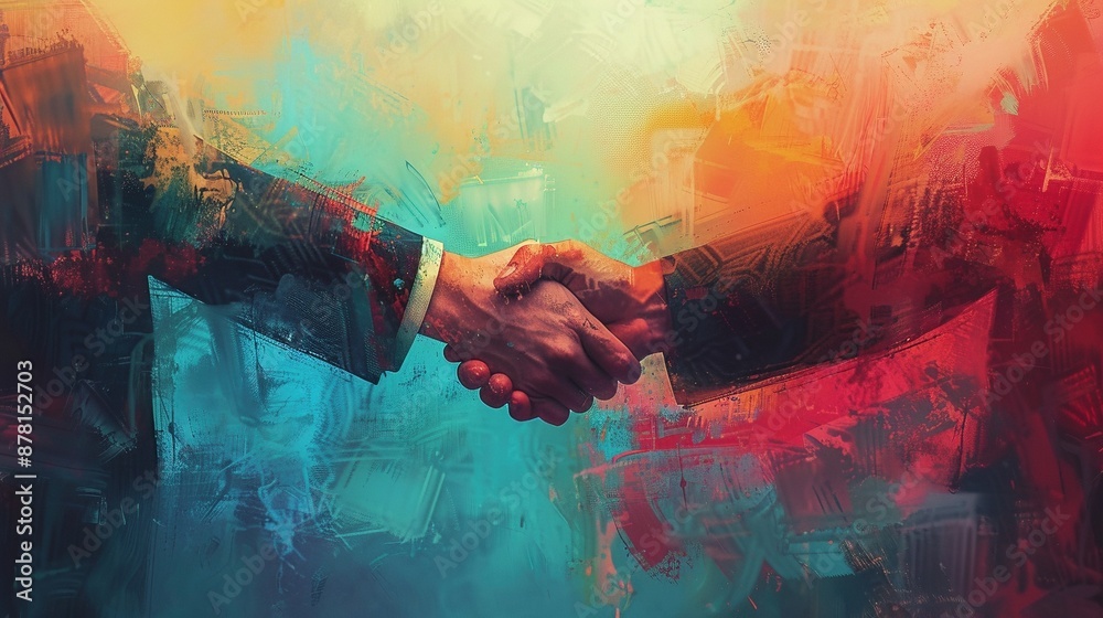 Colorful abstract painting of handshake businessmen 2D illustration ...