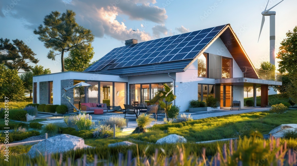 contemporary suburban farmhouse with an eco-friendly design, featuring ...