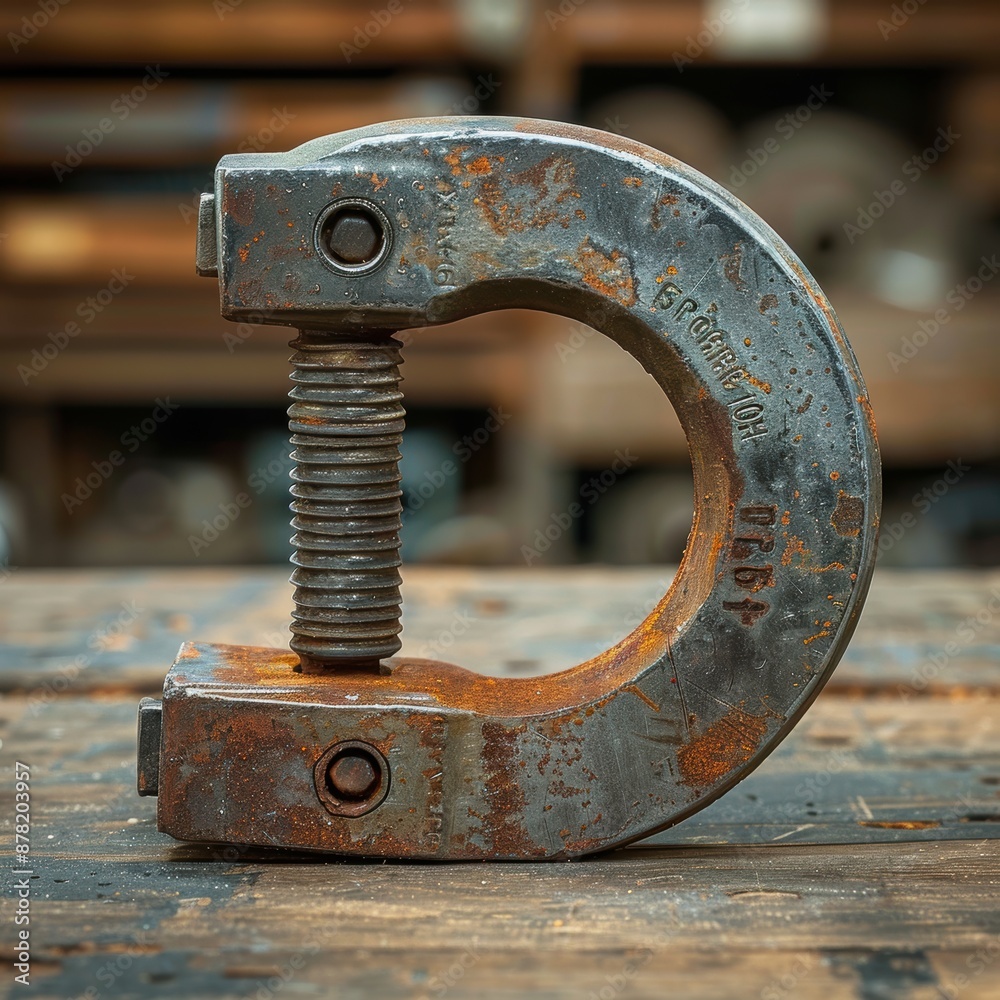 A detailed macro photograph of a vintage, rusty C-clamp showing signs ...