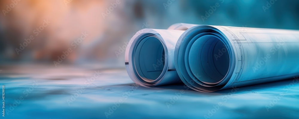 Foto de Stock Rolled Up Architectural Blueprints, Construction Plans Drawings, Image Wall ...