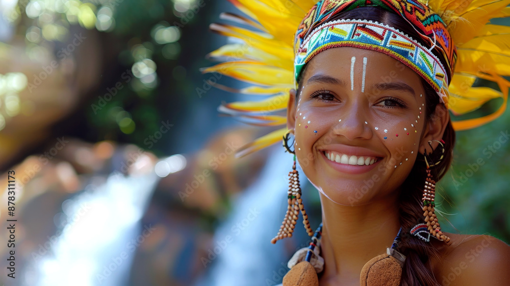 Indigenous woman wearing traditional clothing and headdress is smiling ...