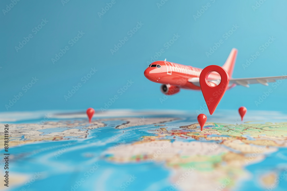 Model airplane on world map with a red location pin against blue ...