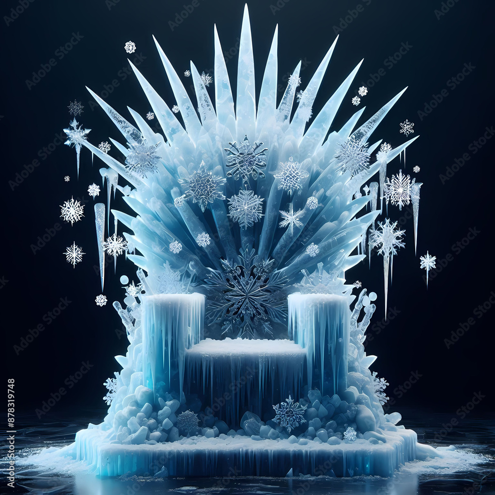 A throne of ice with large snowflakes in the center and sides ...