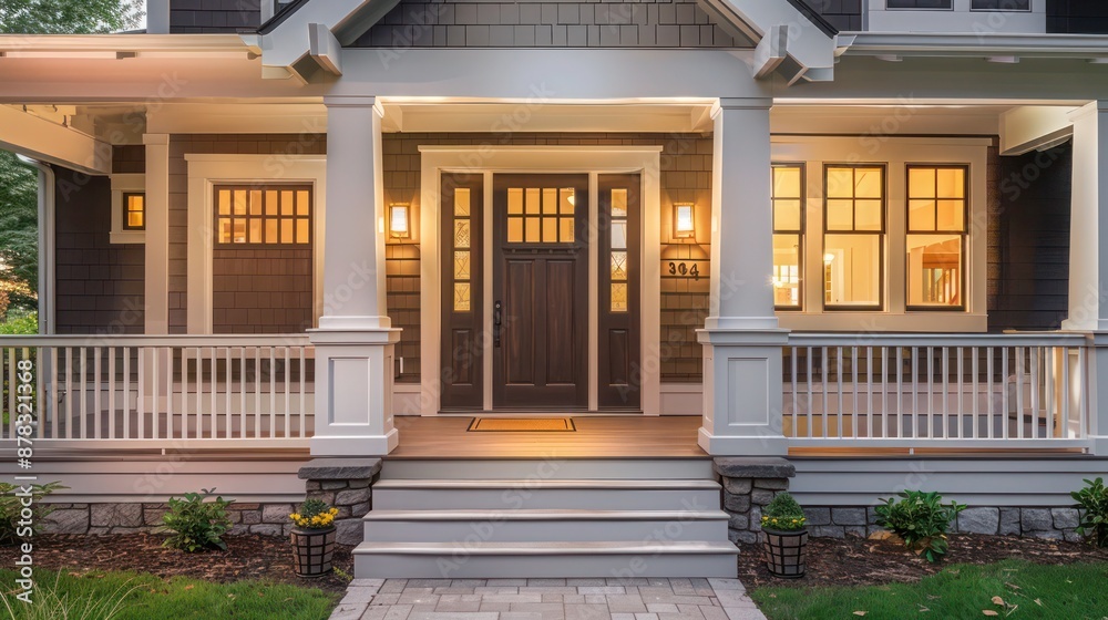 Suburban farmhouse with a craftsman style door and sidelights, detailed ...