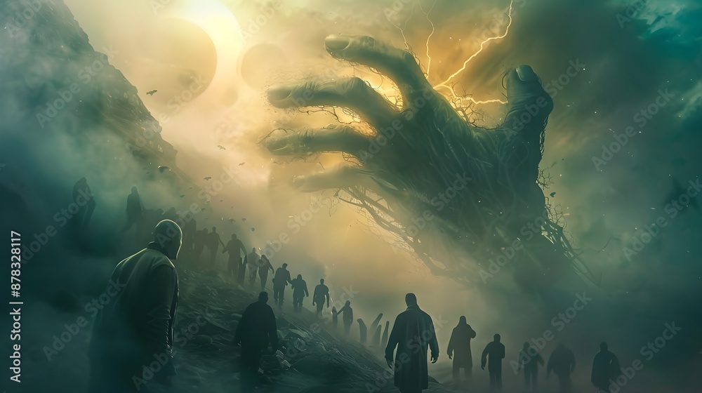 Massive supernatural hand reaching out from the sky towards a group of ...