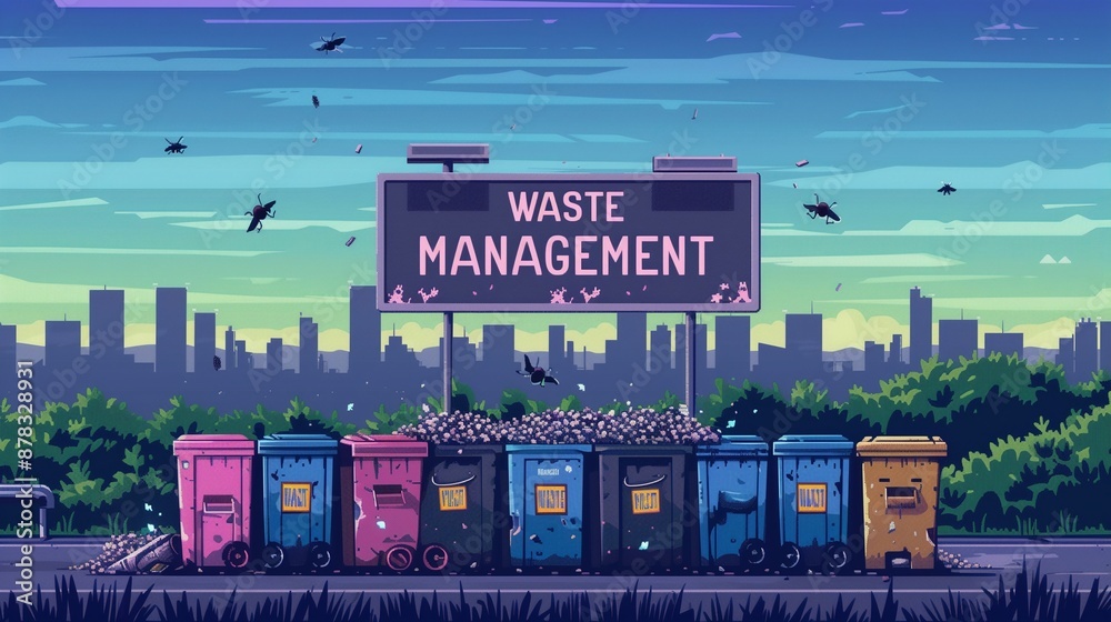 Colorful pixel art illustration depicting various waste management ...