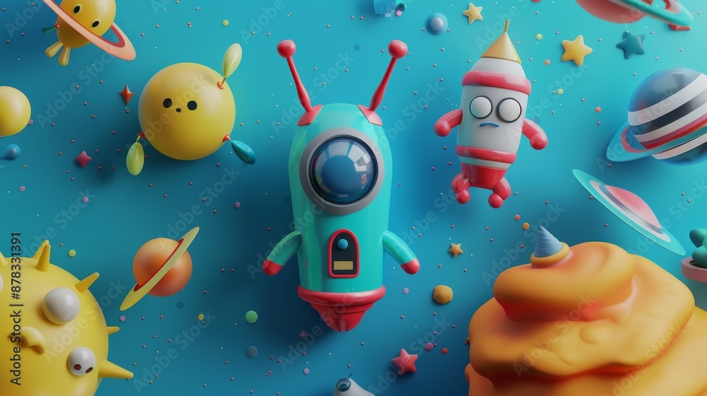 Quirky alien characters in outer space, flat design, top view, sci-fi ...