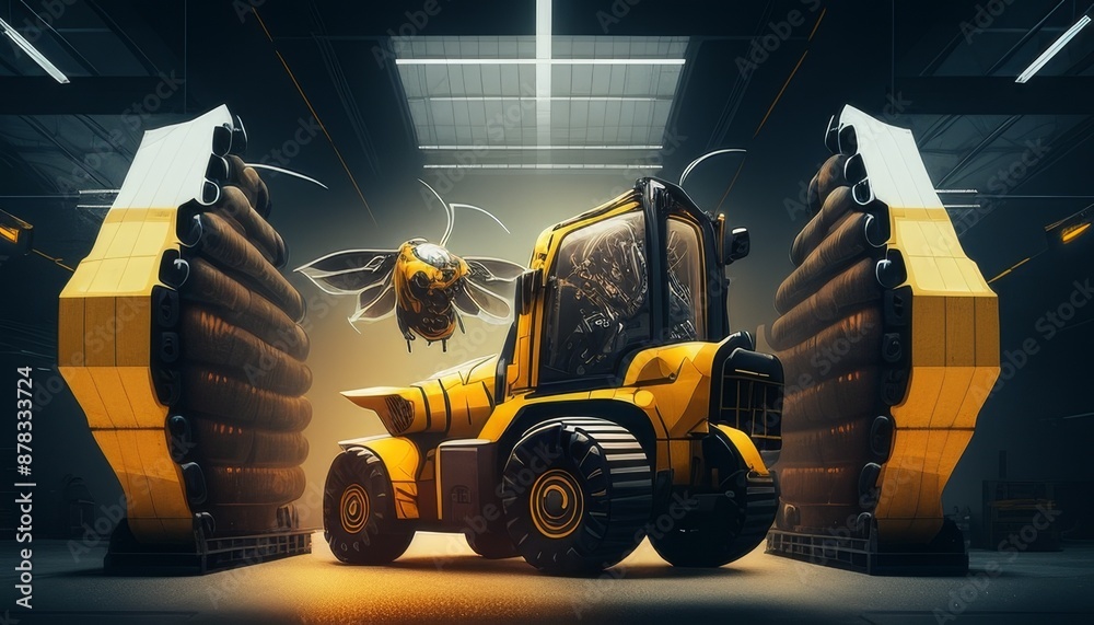 Hyper futuristic yellow forklift truck with floating holograms of ...