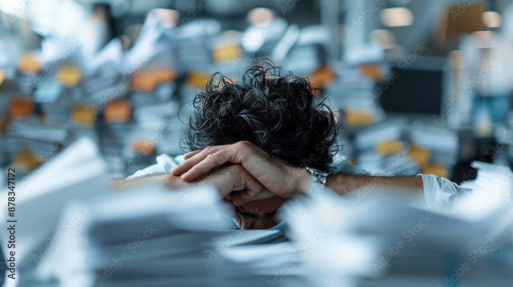 A visibly exhausted person rests their head on their desk, surrounded ...