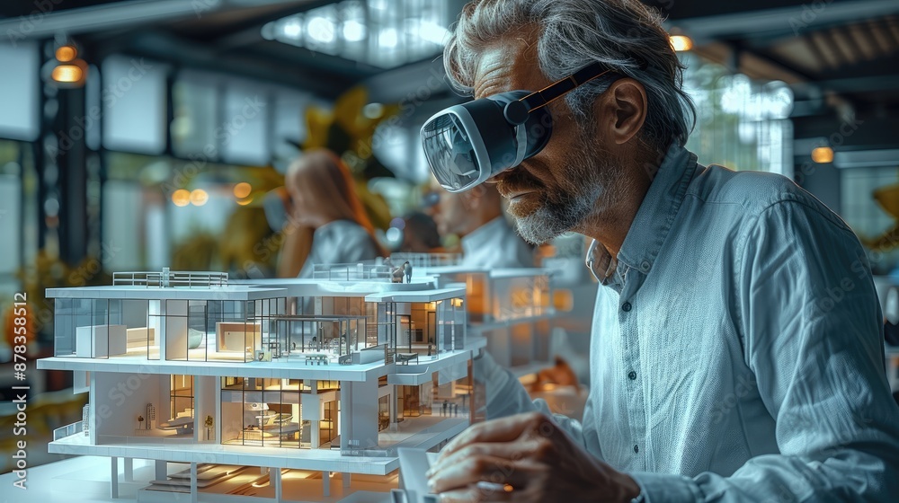 Architects using augmented reality technology to visualize a building design, in a modern studio ...