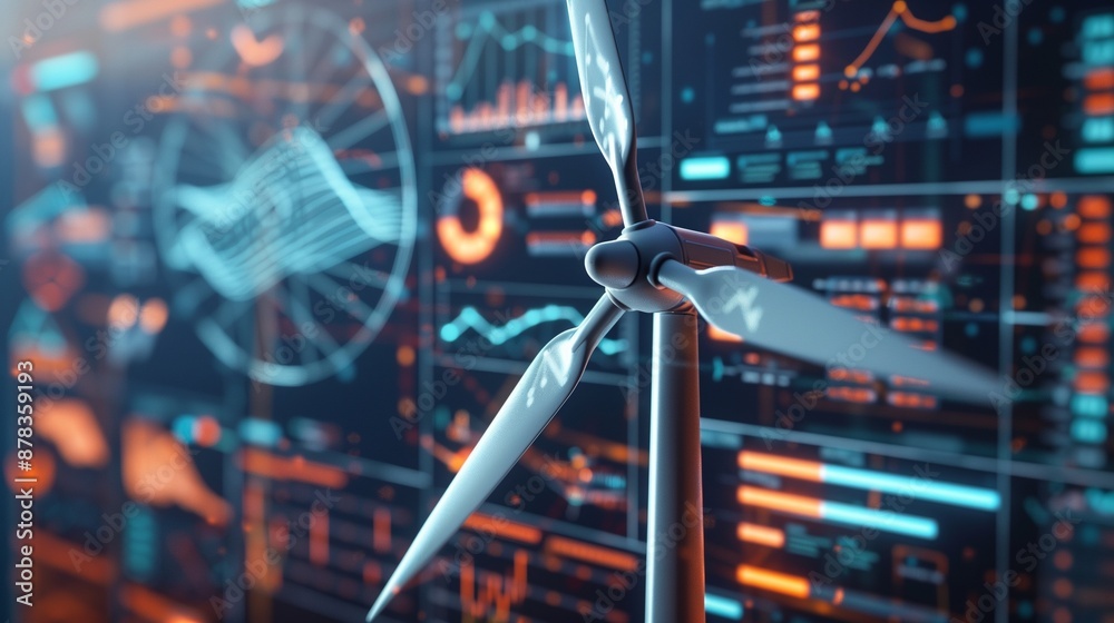 Wind turbine in focus with data analysis, charts, graphs, and diagrams ...