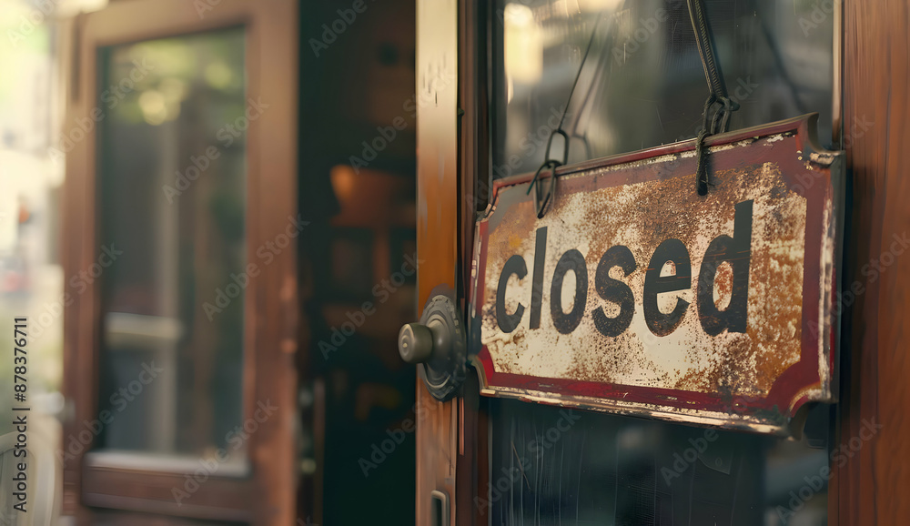 Rustic closed sign hanging on a glass door of a cafe or small business ...