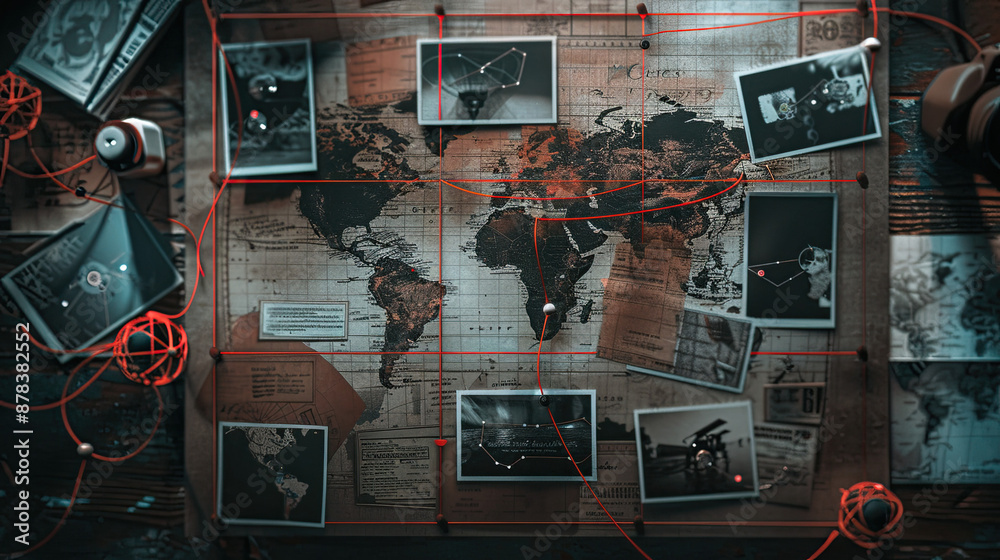 Detective Board with Fingerprints, Photos, Map, and Clues Connected by ...