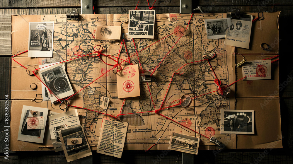 Detective Board with Fingerprints, Photos, Map, and Clues Connected by ...