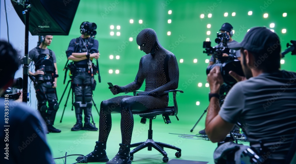 Actor in motion capture suit on film set during production with green ...