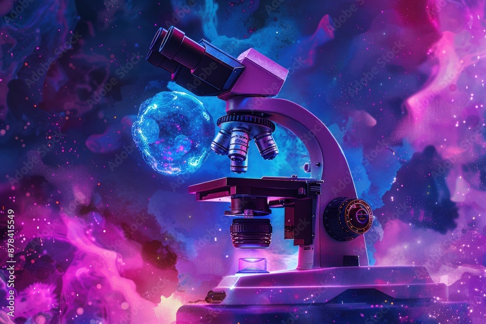 A microscope is shown in a colorful, space-like setting. The microscope ...