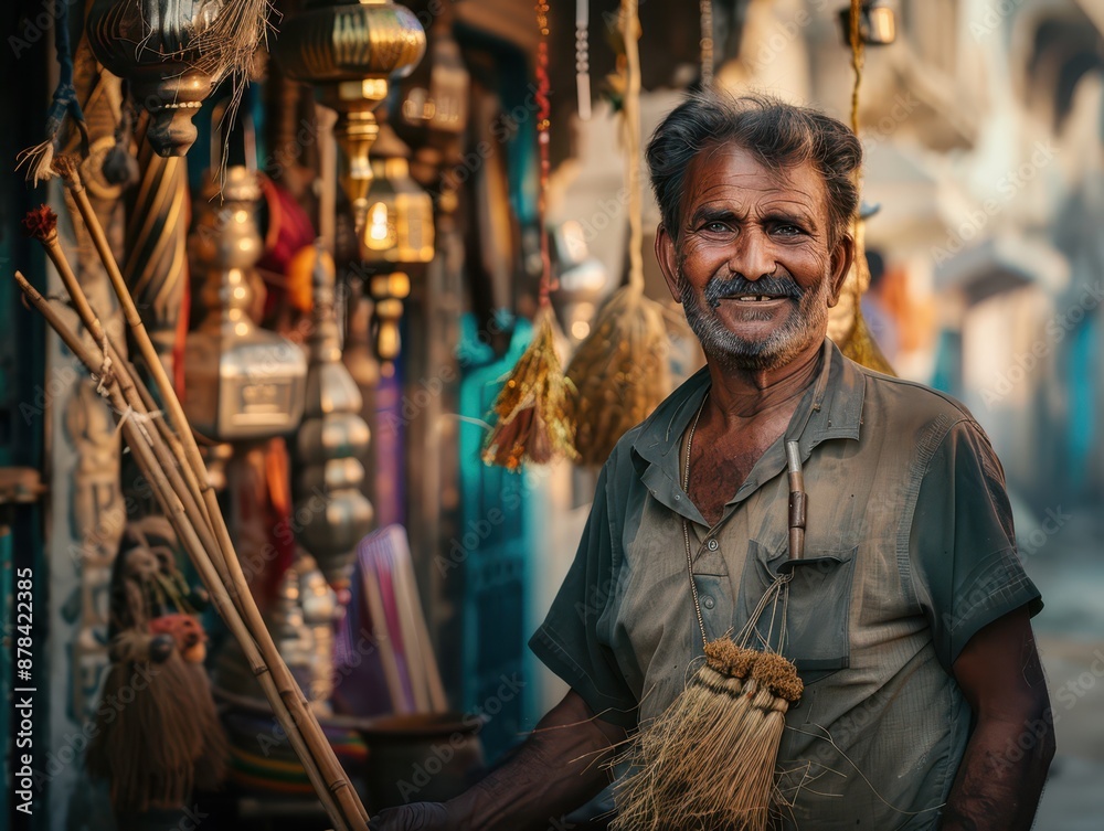 A close-up portrait of a garbage collector in a village, smiling ...