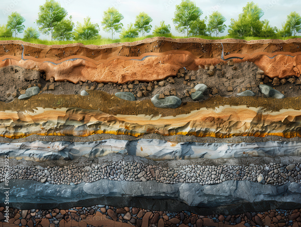 A detailed cross-section of soil and rock layers, showing underground ...