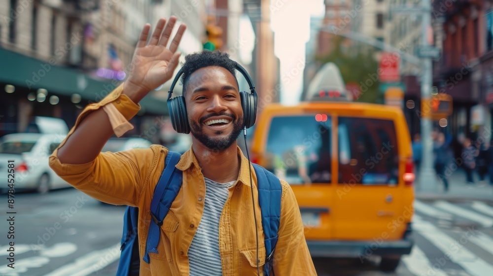 Boy, call, wave for taxi, city, and grin for peace sign, emoji, or ...