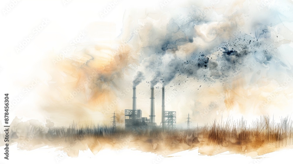 Abstract watercolor painting of industrial pollution with smoke rising ...