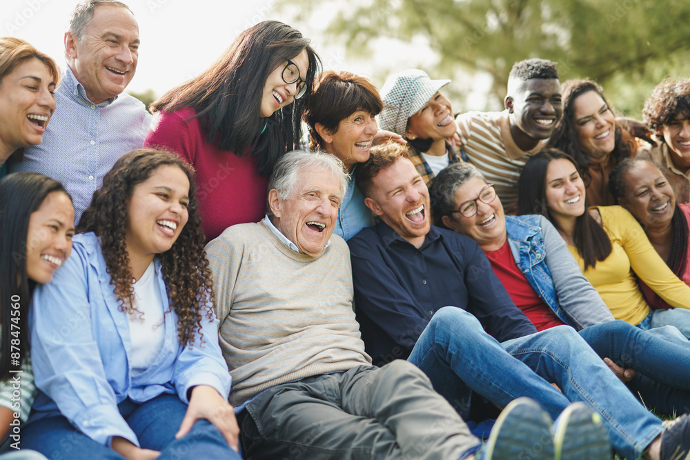 Crowd of multiracial people having fun together at city park - Social ...