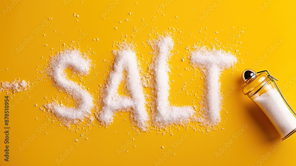 Salt text written with granules on a yellow background alongside a ...